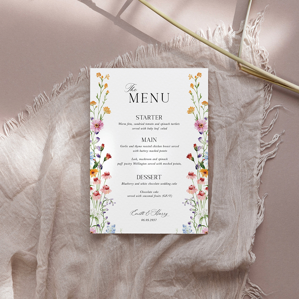 Wildflower Wedding Menu With Floral Border|A5, 5x7 & A6